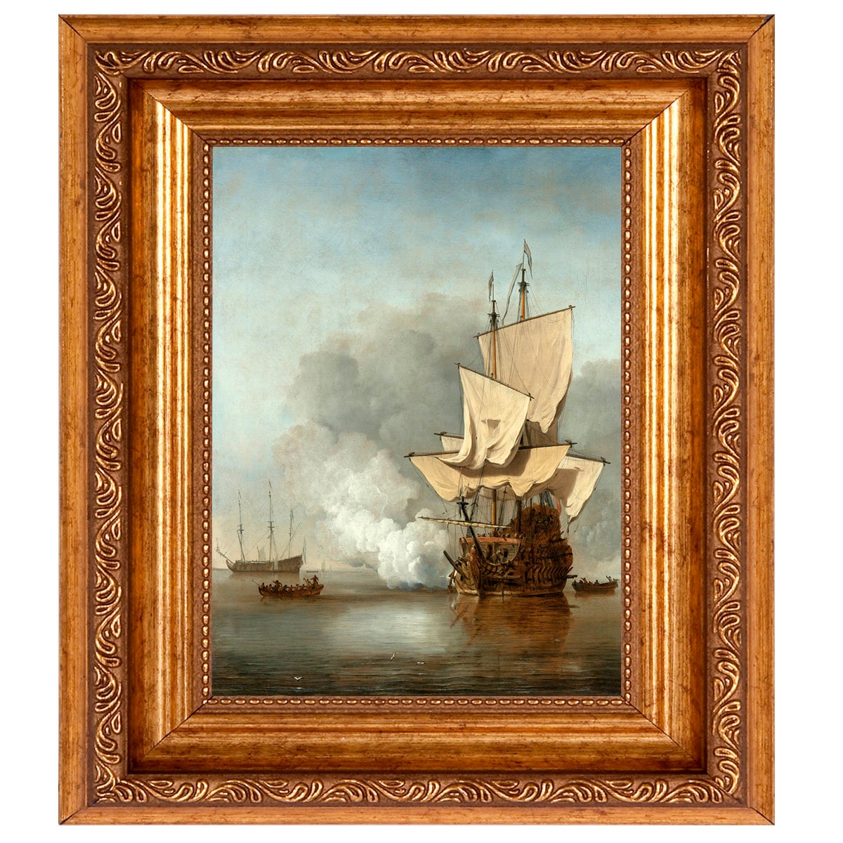 A Dutch Warship Vintage Painting Maritime Art Cannon Shot of Harbor ...