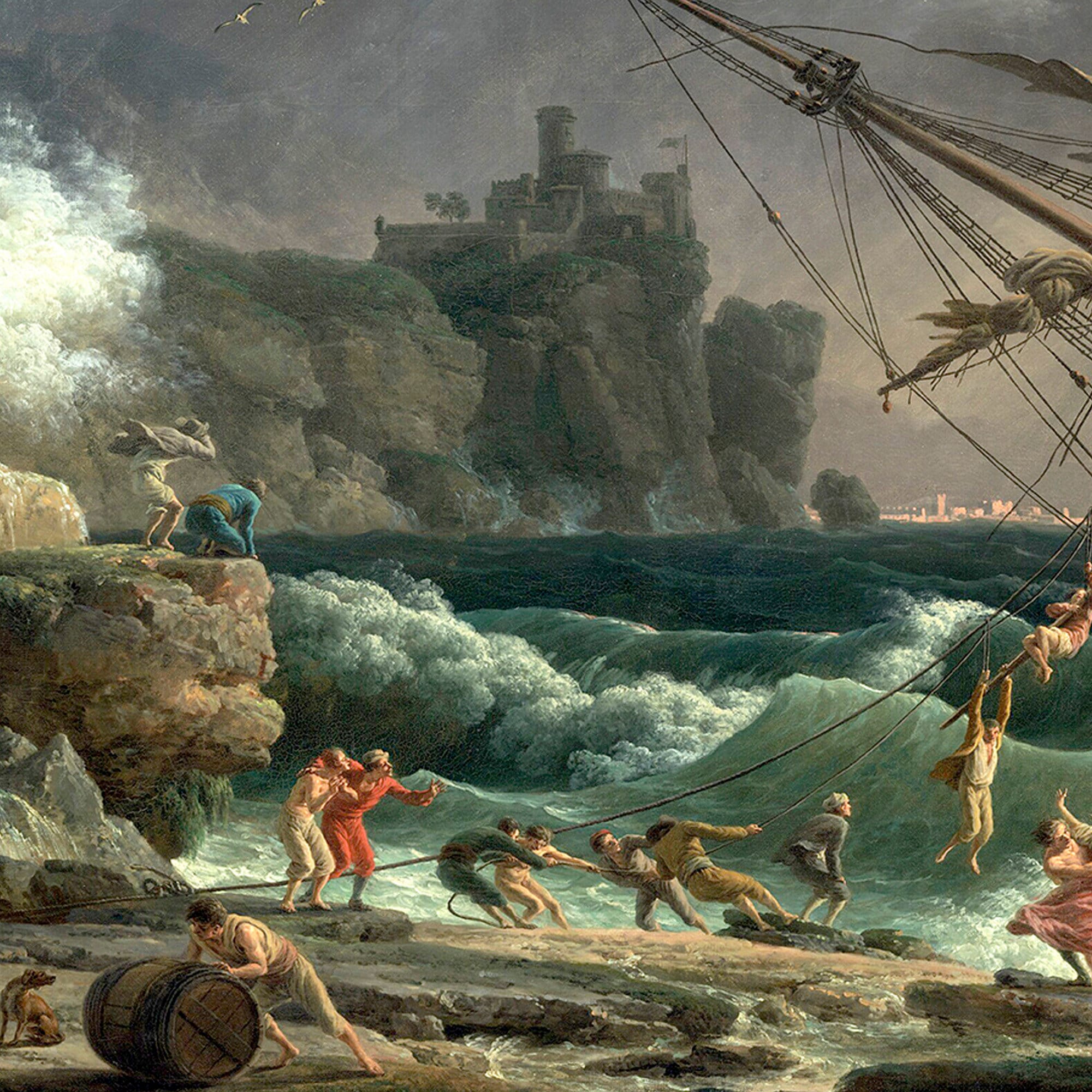Vintage Marine Art, Shipwreck Scene Painting, Vintage Sailing Fleet ...
