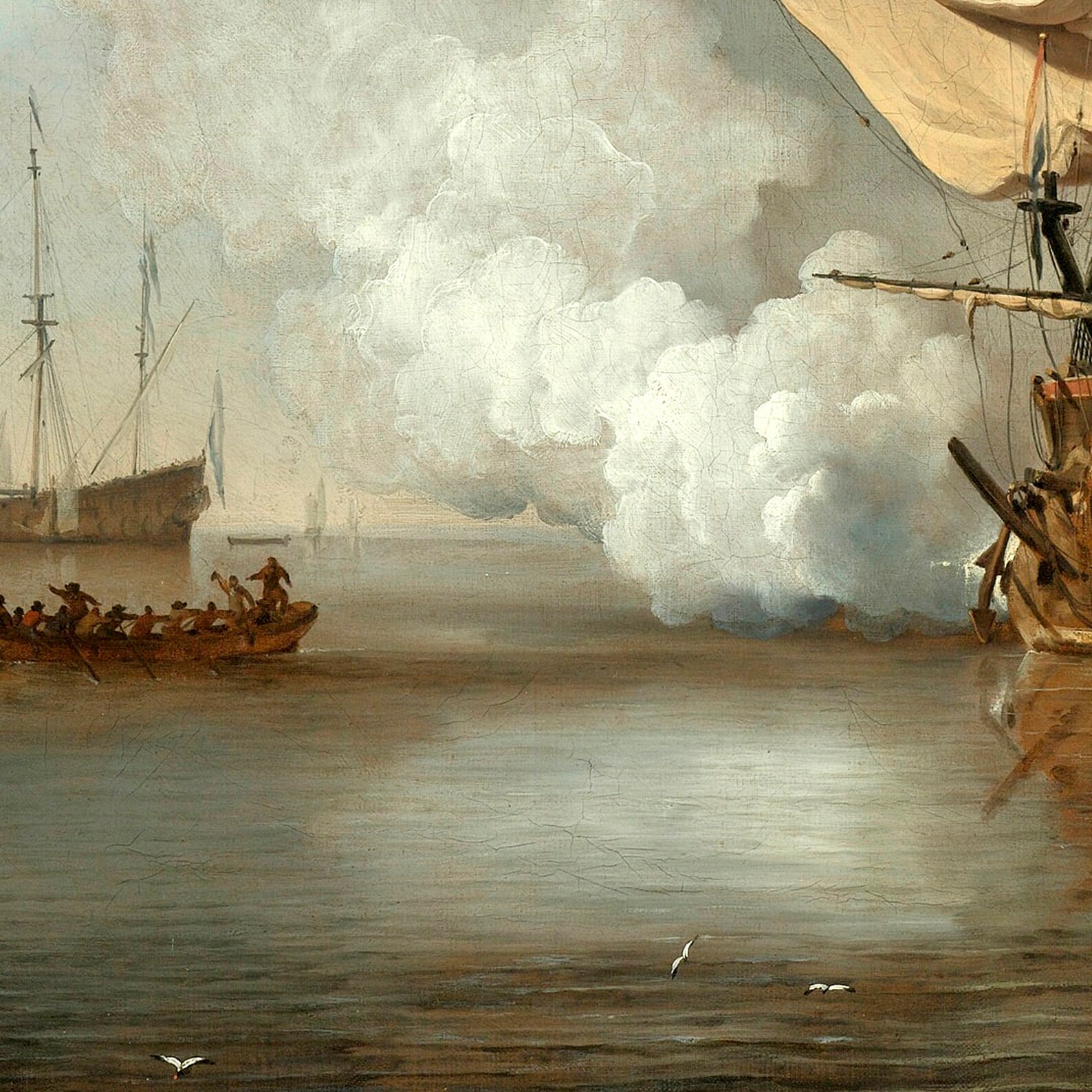 A Dutch Warship Vintage Painting Maritime Art Cannon Shot of Harbor ...