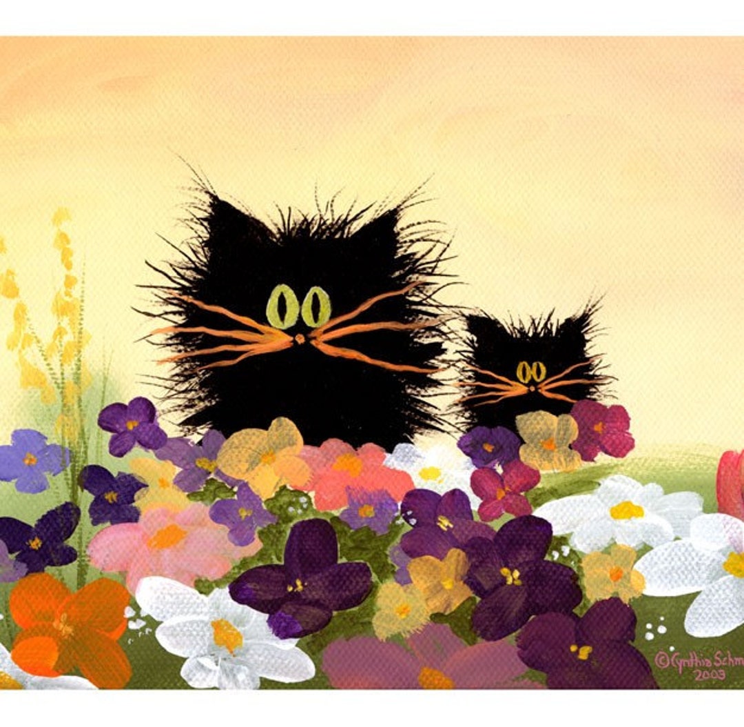 Scaredy Cats in Garden - Cranky Cat Matted Print Cindy Schmidt Black ...
