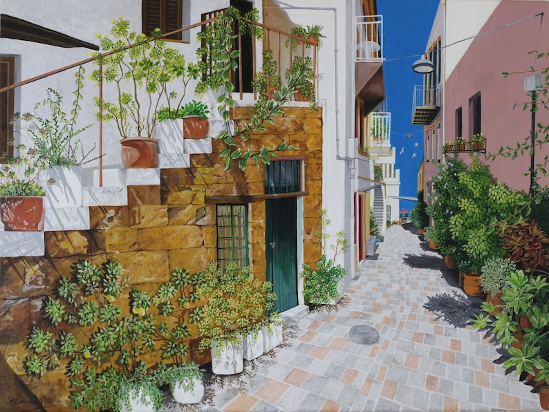 Greek Alley, Acrylic on Canvas 49" X 37" - Original - FRAMED - Etsy UK