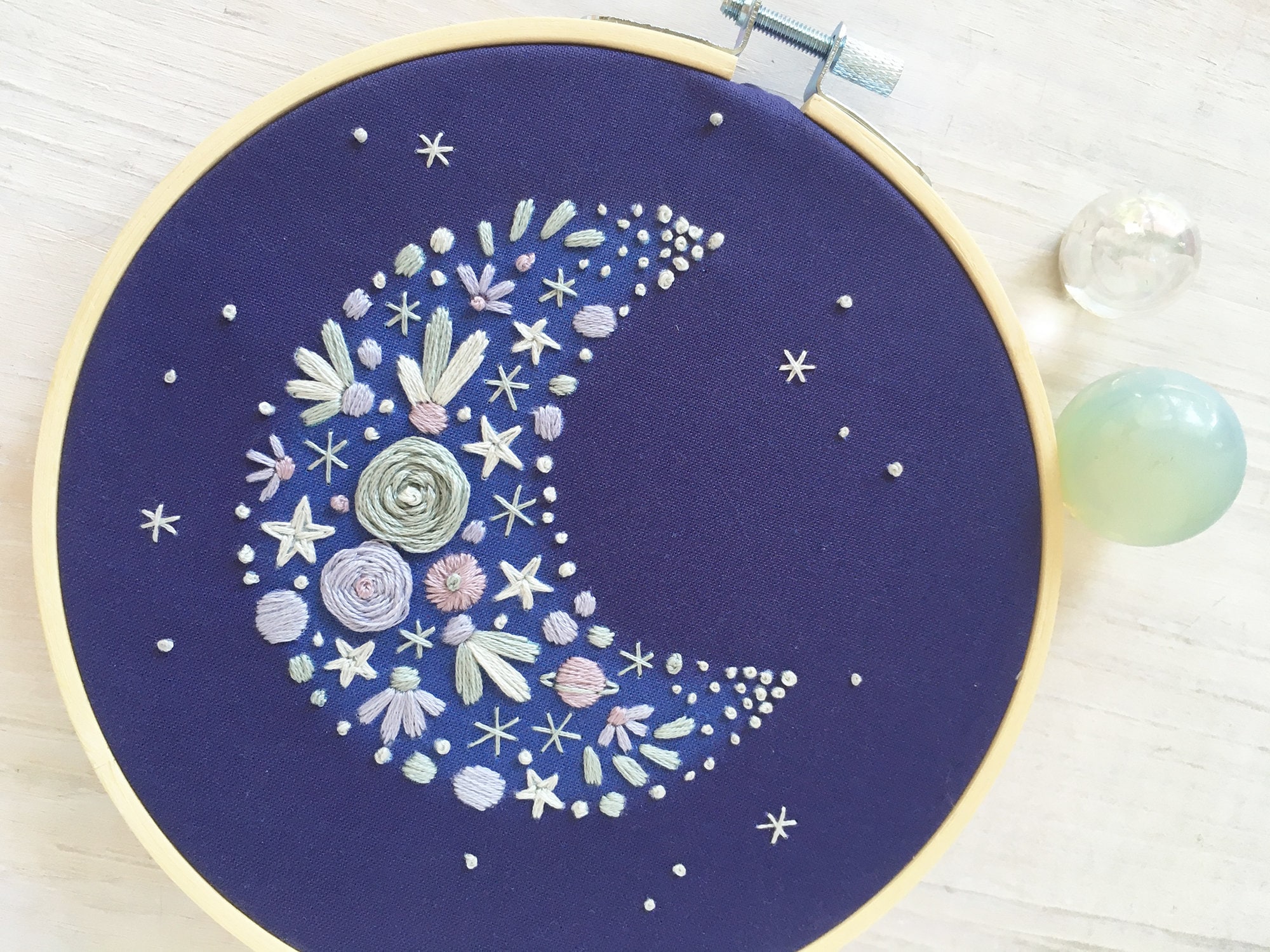 Floral Crescent Moon Hand Embroidery Pattern PDF Download, Celestial ...
