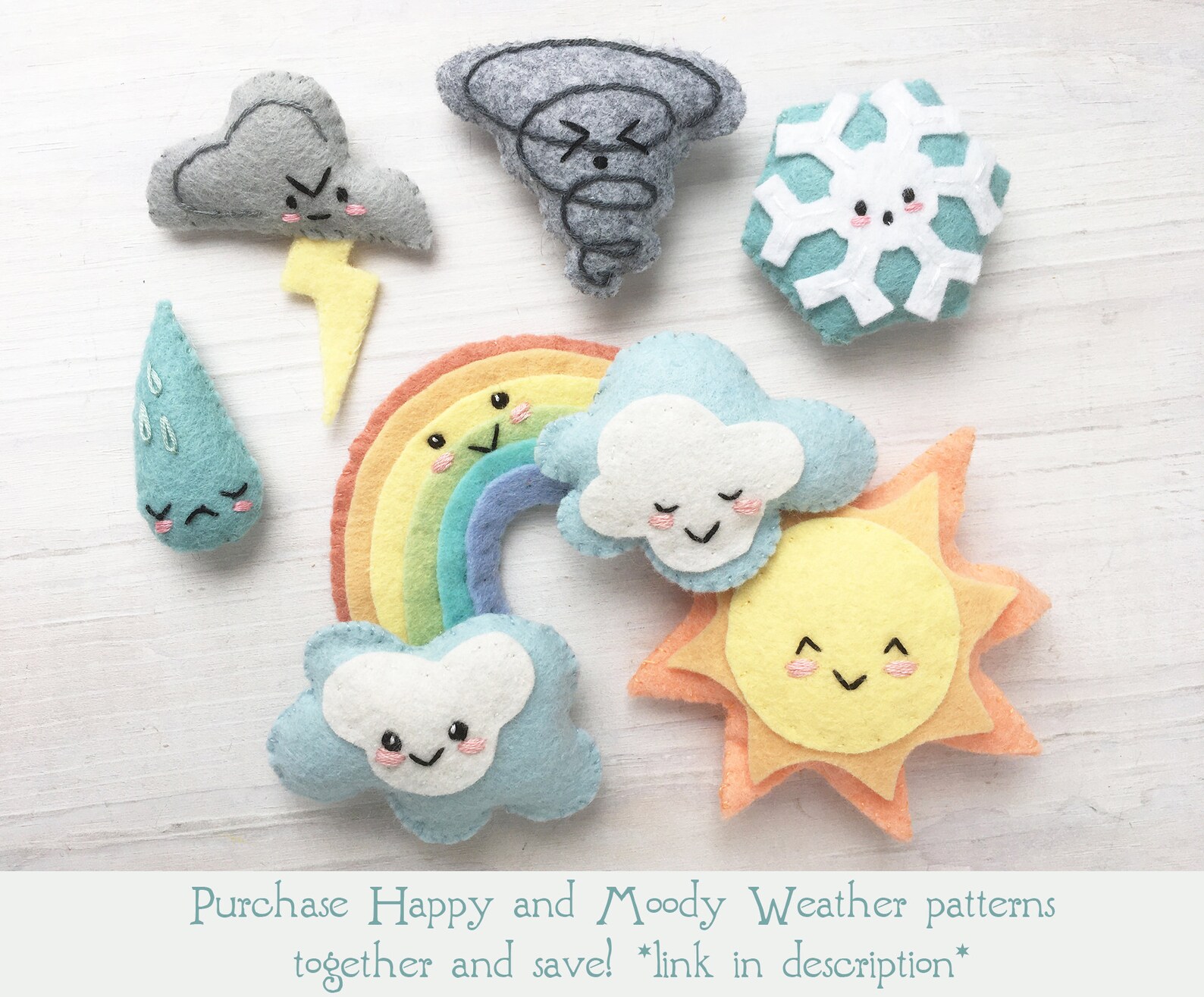 Moody Weather Felt PDF Plush Sewing Pattern, Rain Drop, Storm Cloud ...