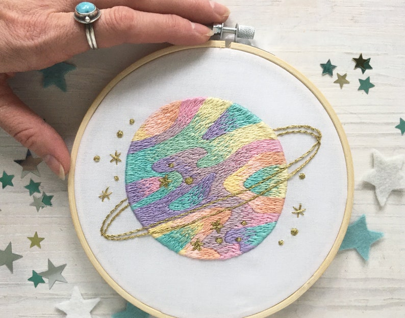 Planet Rainbow Hand Embroidery Pattern PDF, Celestial Needlework Design ...