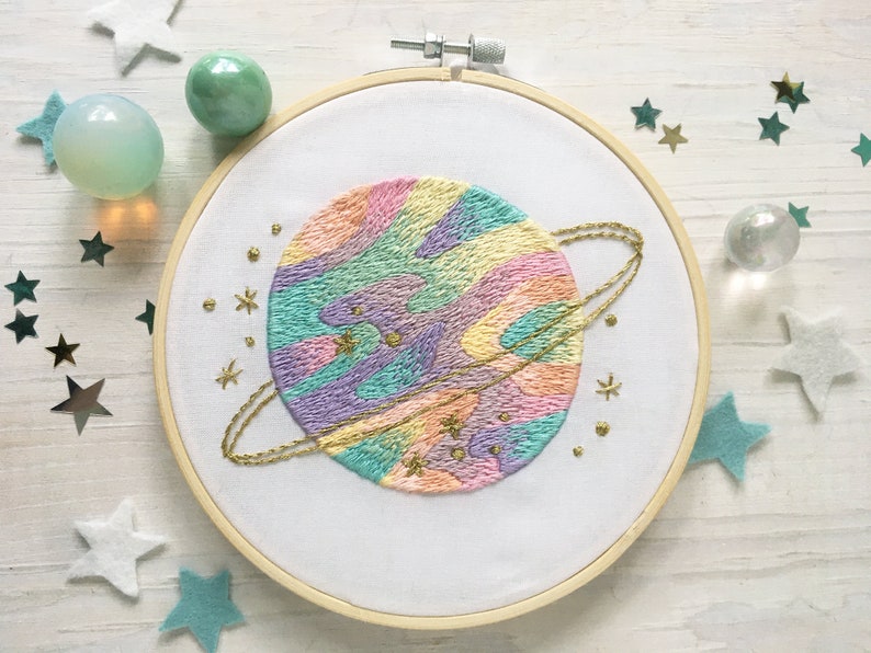 Planet Rainbow Hand Embroidery Pattern PDF, Celestial Needlework Design ...