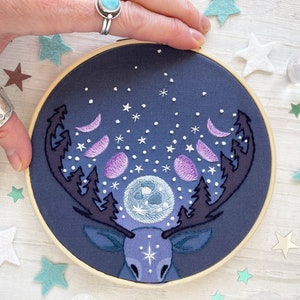 Deer Moon Phases Hand Embroidery Sampler, Celestial Decor Hoop Art ...