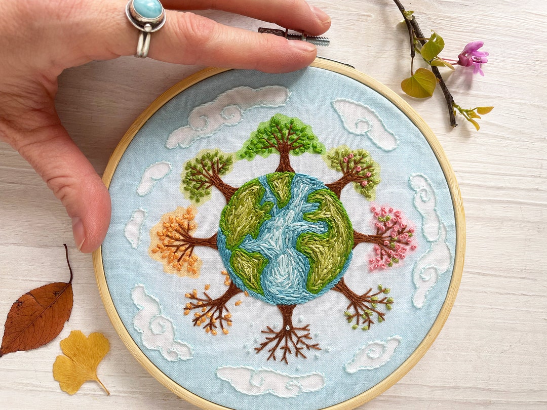 4 Seasons Earth Hand Embroidery Color Printed Sampler, Embroidered ...