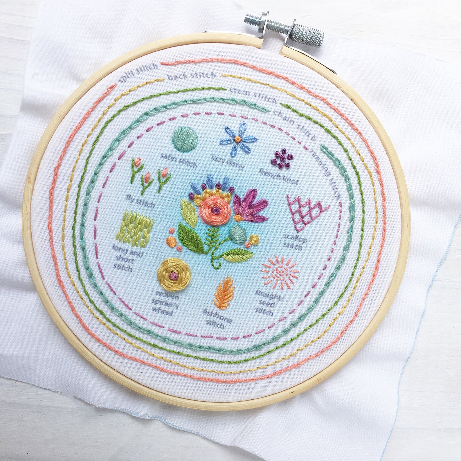 Stitch Sampler Full Kit Beginner Hand Embroidery Design, Printed Hand ...