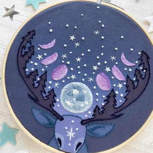 Deer Moon Phases Hand Embroidery Sampler, Celestial Decor Hoop Art ...