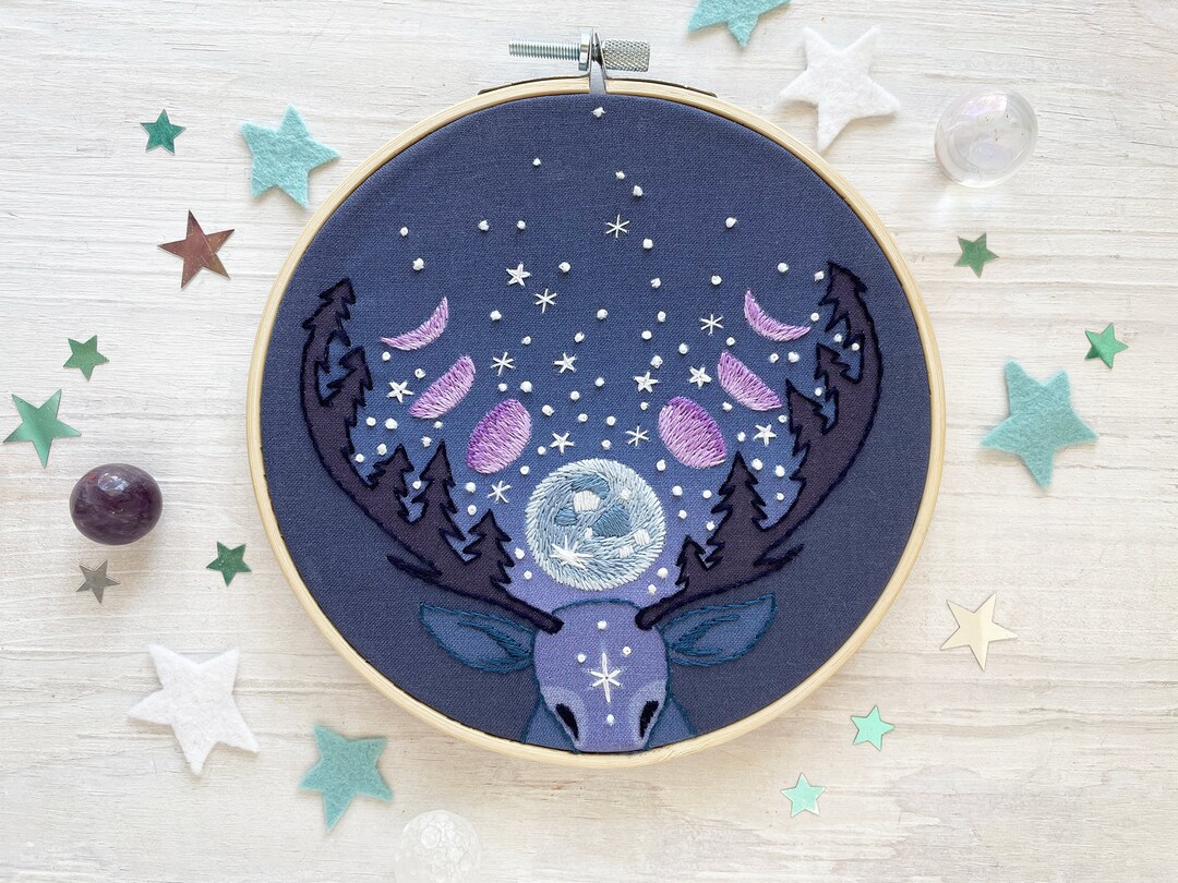 Deer Moon Phases Hand Embroidery Sampler, Celestial Decor Hoop Art ...
