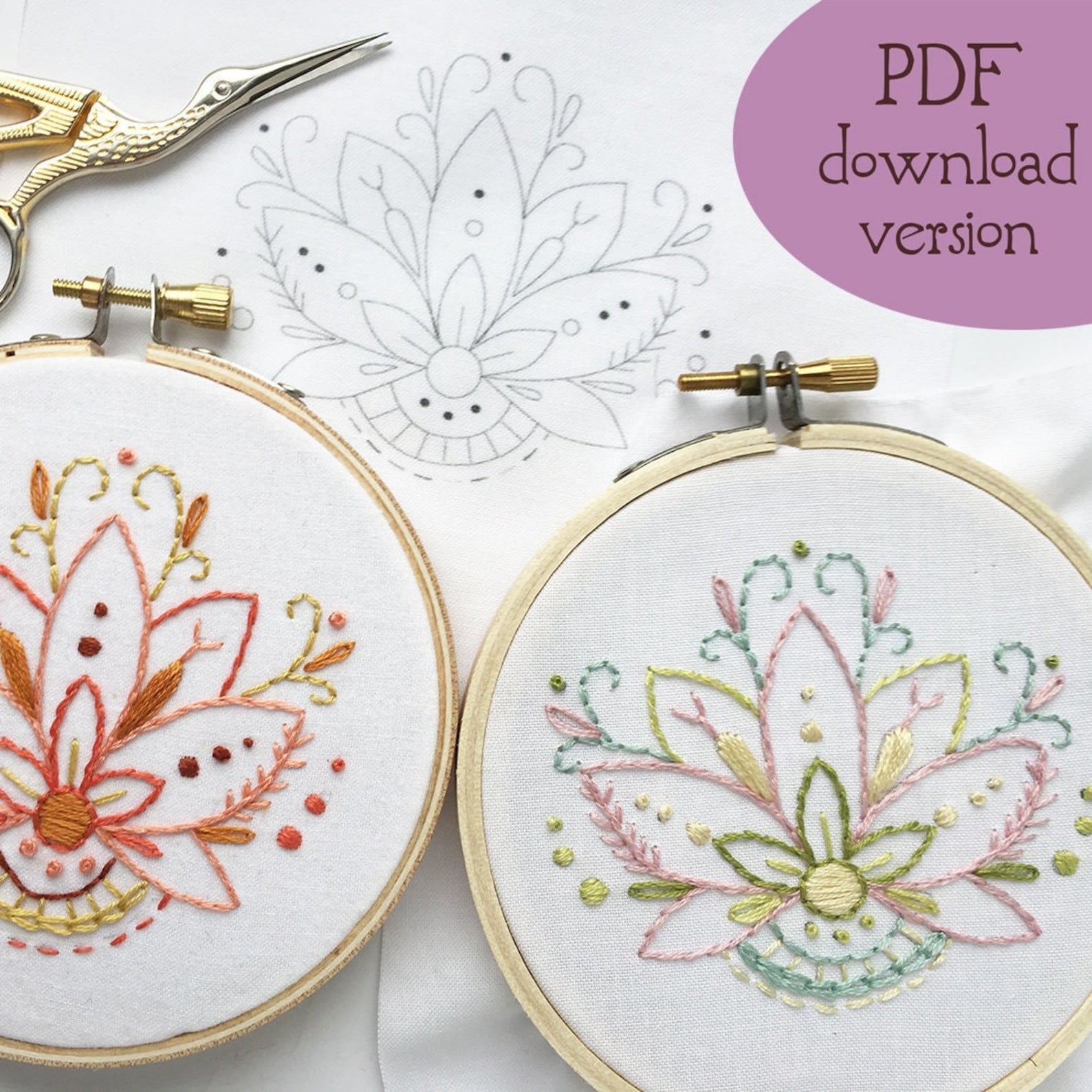 PDF Download Mini Lotus Flower Hand Embroidery Pattern, Floral Design ...