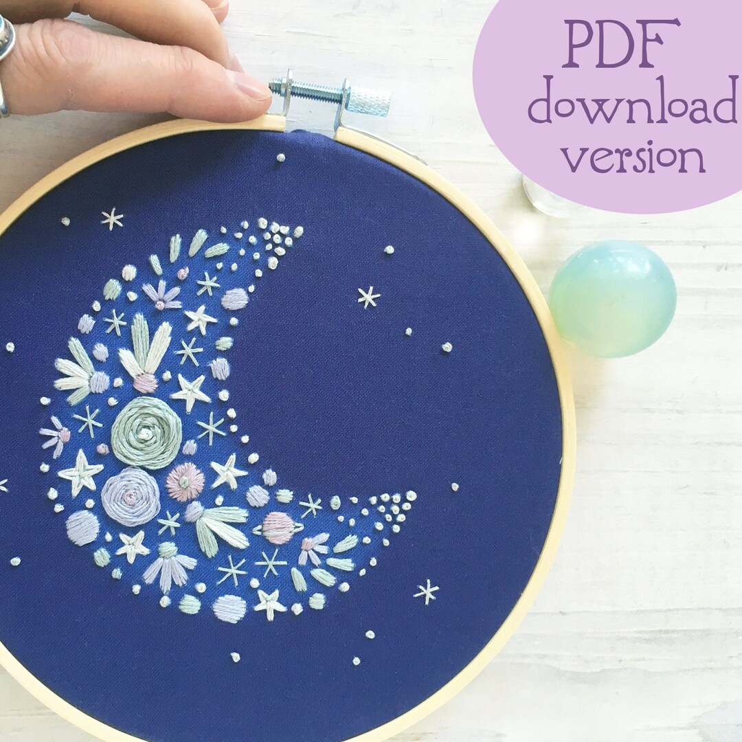 Floral Crescent Moon Hand Embroidery Pattern PDF Download, Celestial ...