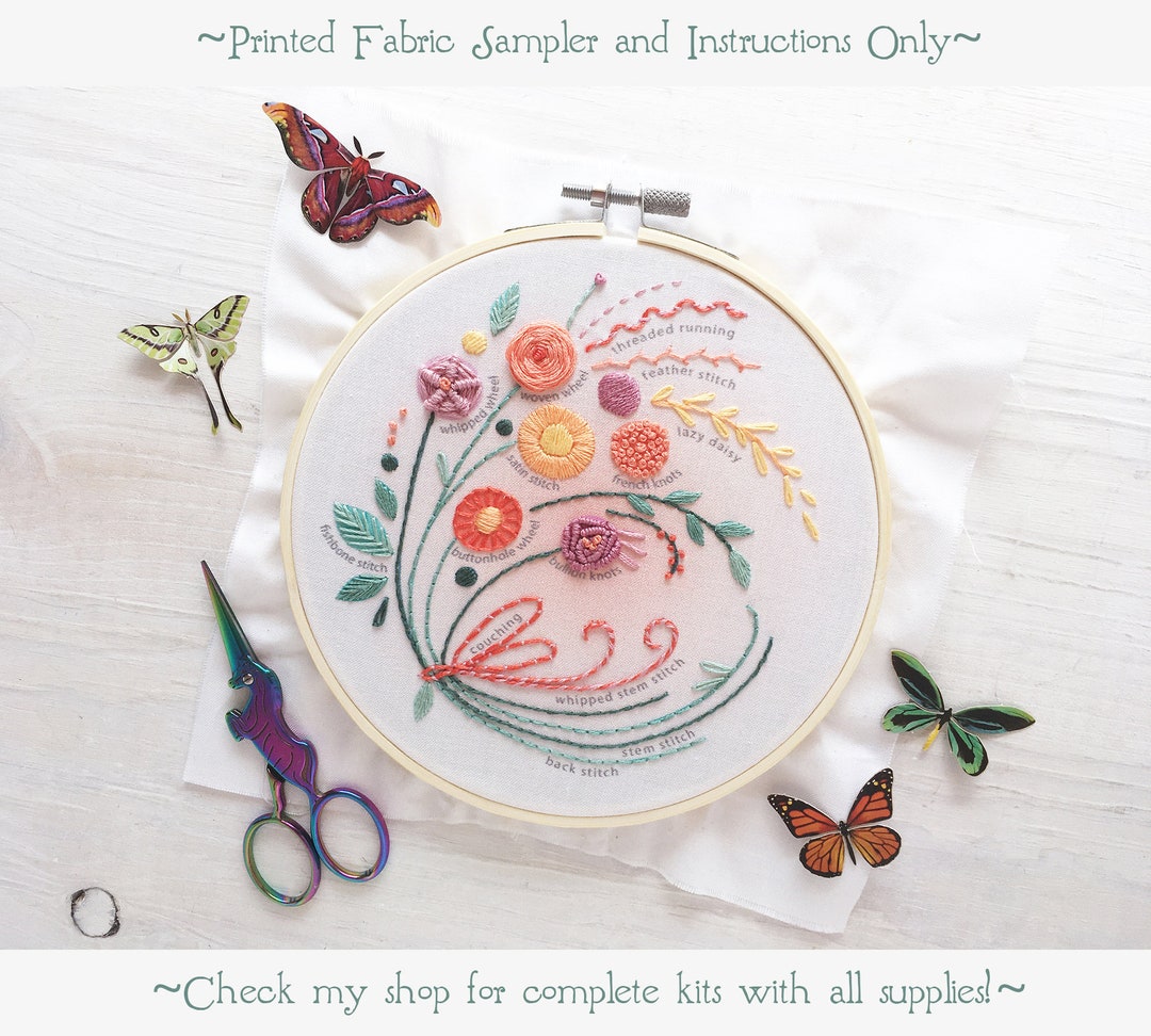 Floral Bouquet Stitch Sampler Beginner Embroidery Design, Printed Hand ...