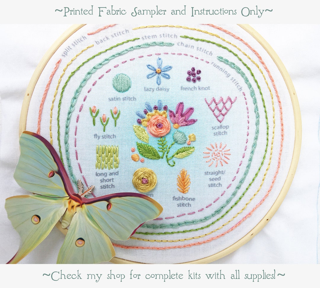 Stitch Sampler Beginner Embroidery Design, Printed Hand Embroidery Hoop ...