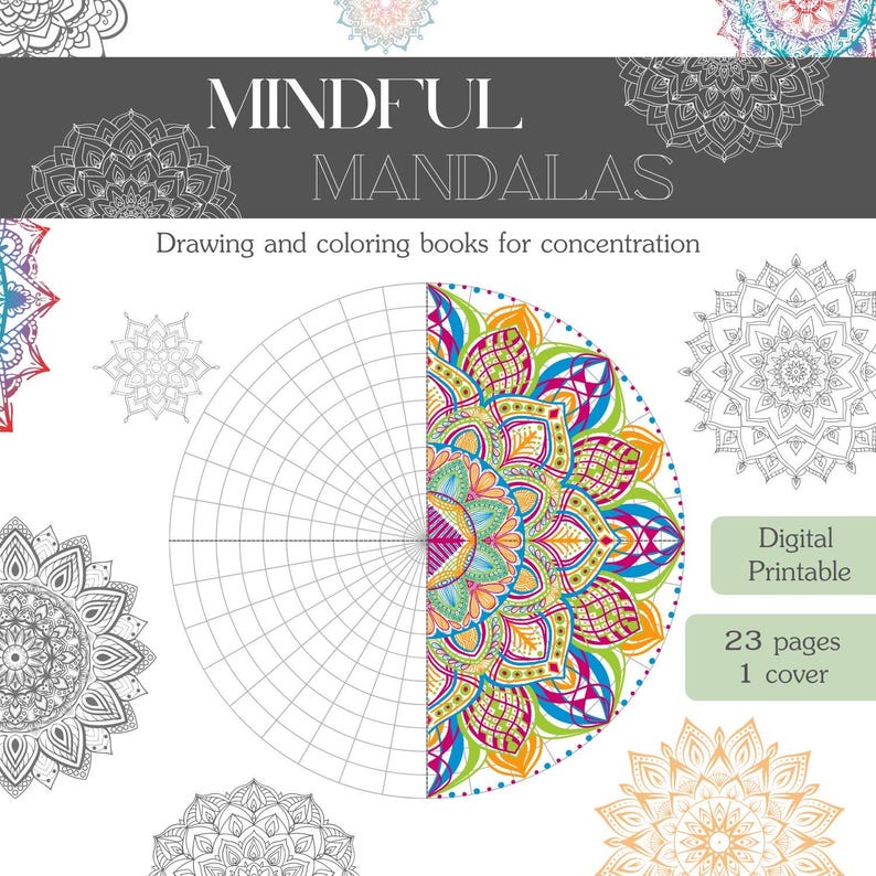 Mindful Mandalas, Drawing and Coloring Book for Concentration, Adult ...