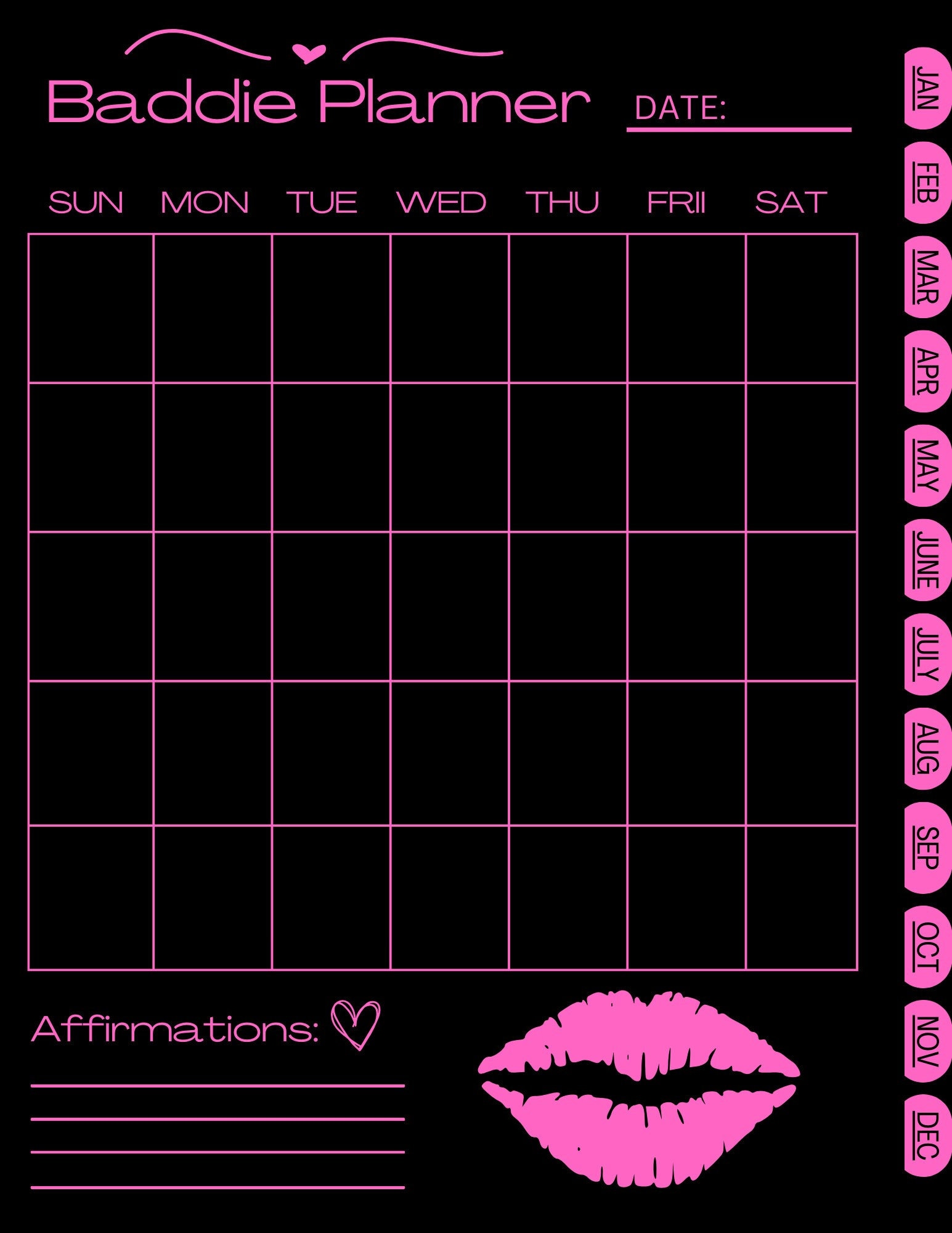 Baddie Planner Digital Template Calendar - Etsy