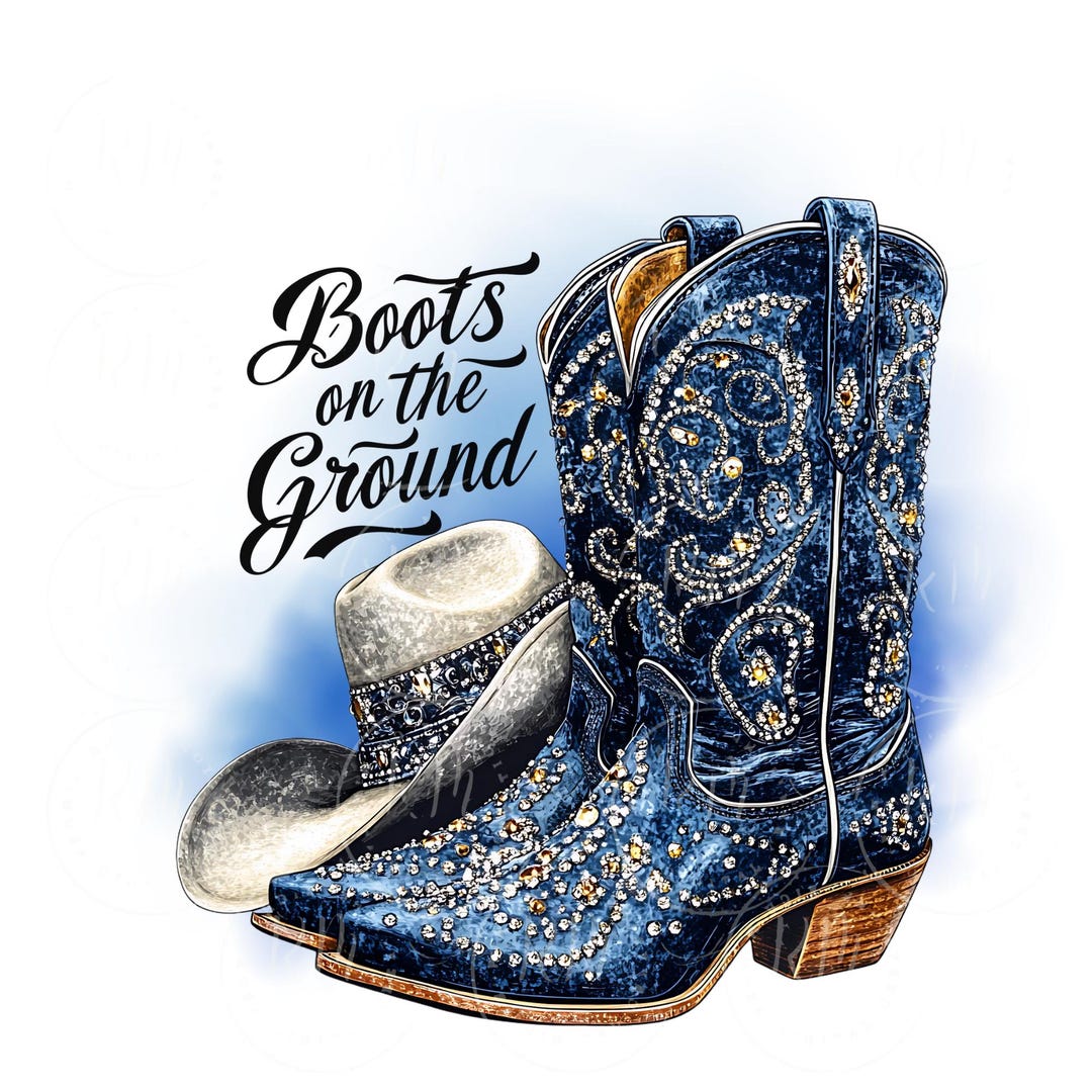 Blue Rhinestone Cowgirl Boots & Hat Clipart: Western PNG Art (digital ...