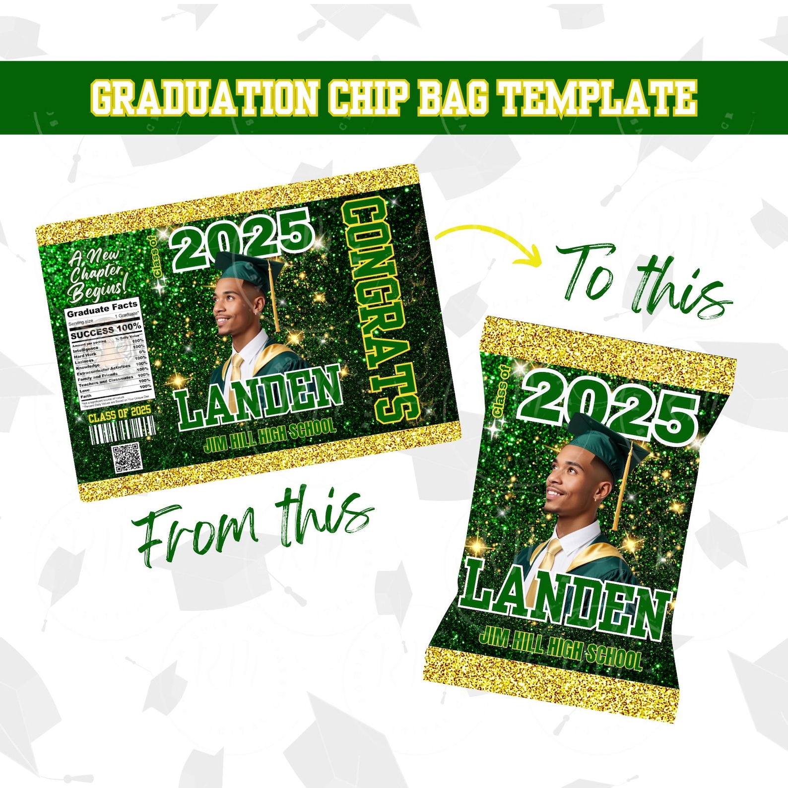 2025 Graduation Chip Bag Template, Editable Green & Gold Grad Party ...