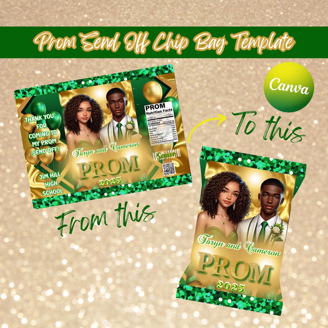 2025 Prom Chip Bag Template: Green & Gold Party Favor (canva Editable ...