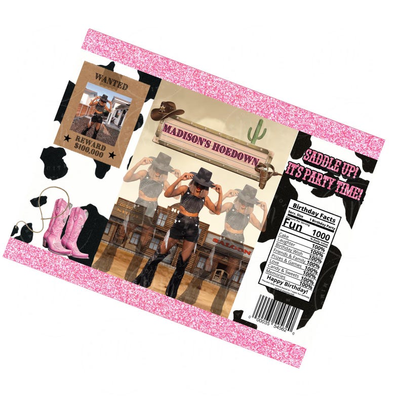 Western Birthday Chip Bag Template: Editable Pink Party Favor (canva ...