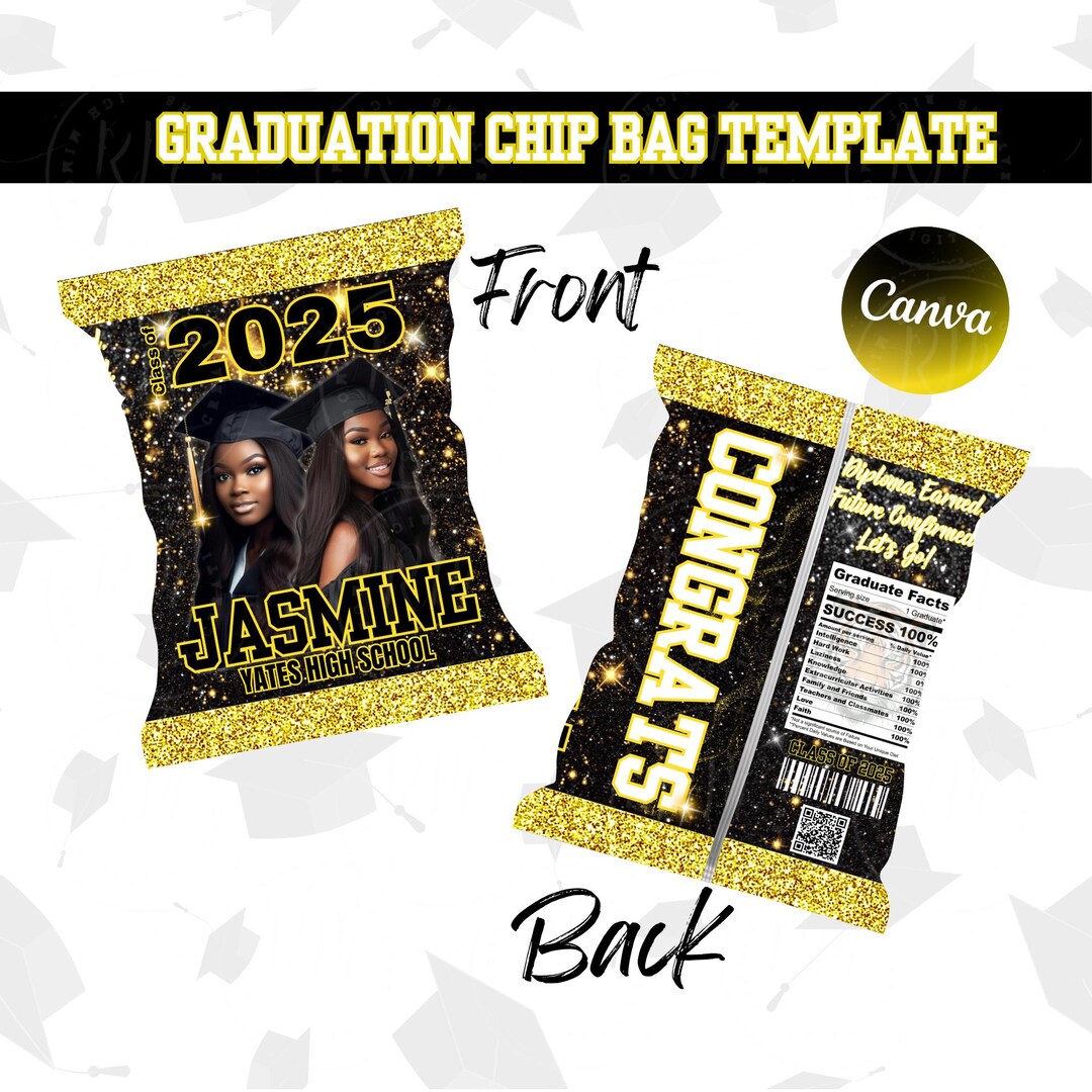 2025 Graduation Chip Bag Template, Editable Black & Gold Grad Party ...
