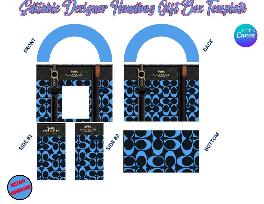 Designer Handbag Gift Box Template: Blue & Black Canva DIY (digital ...