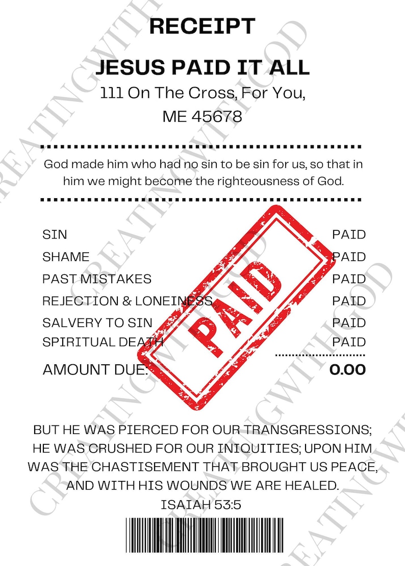 Jesus Paid It All Stamped Receipt. PNG,SVG,PDF Prayer Board Receipt ...