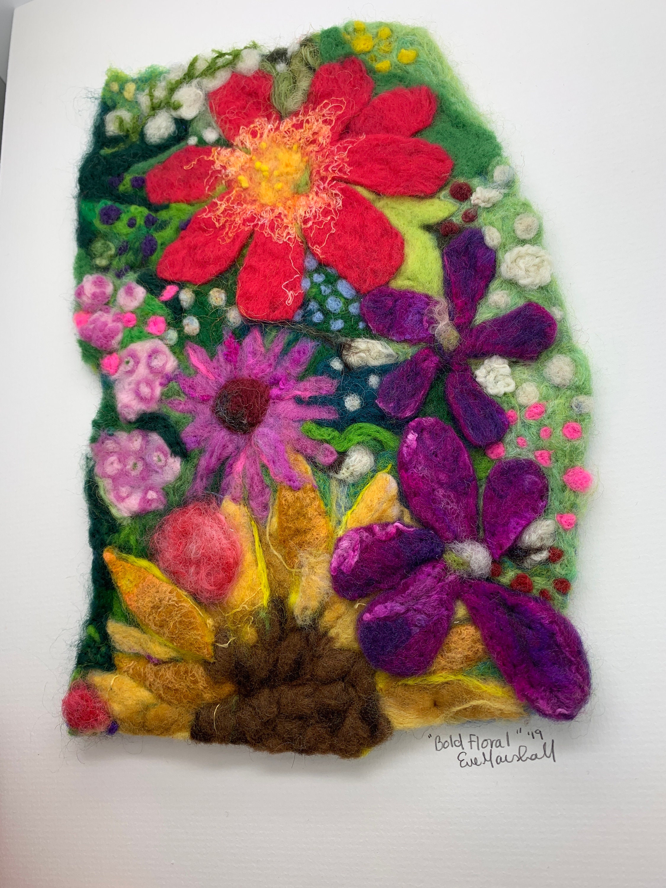 Bold Floral Original Felted Artwork Stitched Onto Mount Board Ready to ...