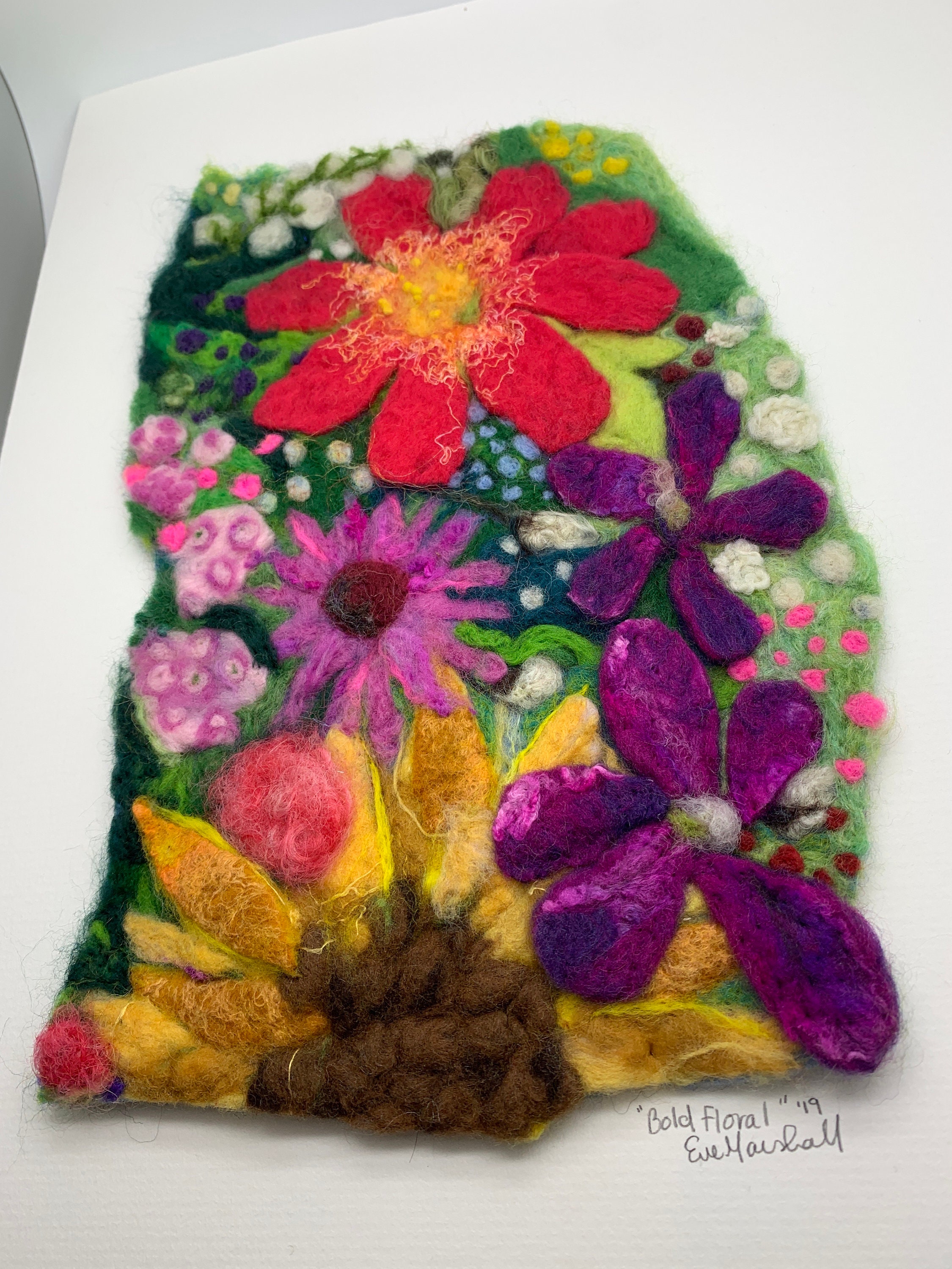 Bold Floral Original Felted Artwork Stitched Onto Mount Board Ready to ...