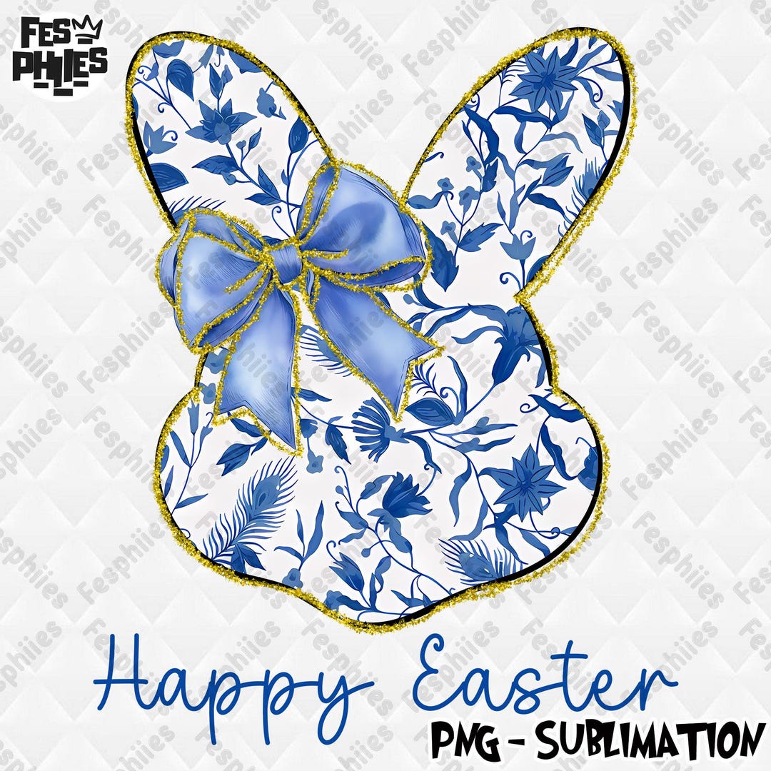 Happy Easter PNG, Blue Floral Chinoiserie Bunny Png, Grand Millennial ...