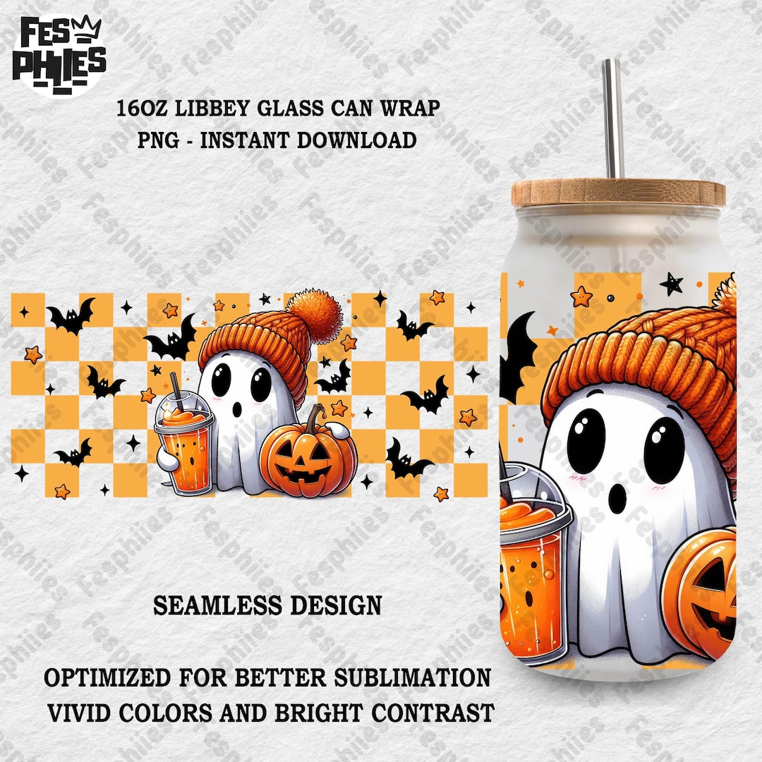 Retro Cute Ghost 16 Oz Glass Can Wrap Png, Halloween Checkered Ghost ...