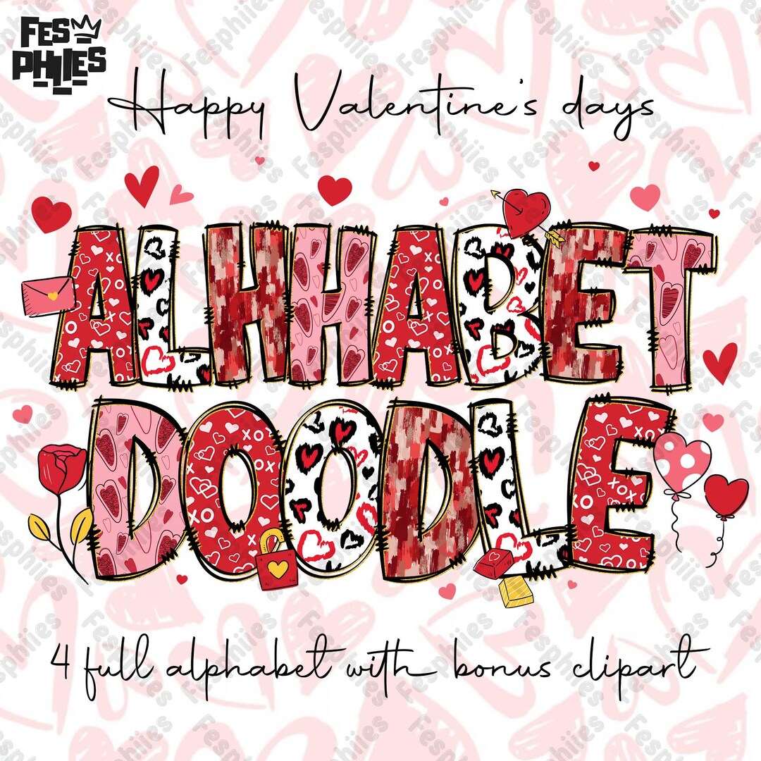 Pink Valentine Alpha Doodle Set Png Bundle, Valentine Heart ABC ...