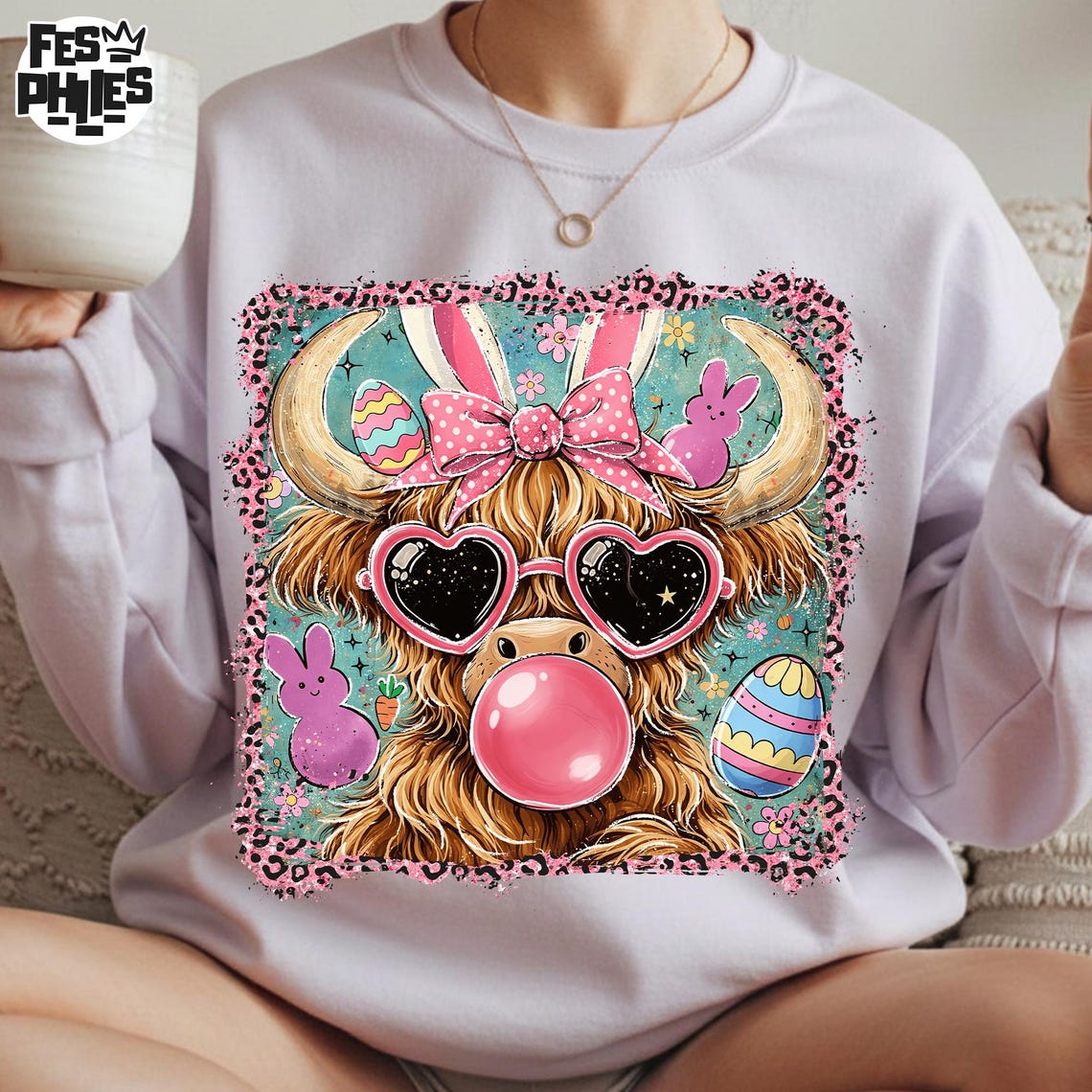 Highland Cow Easter PNG, Bunny Ears Cow Png, Retro Leopard Easter Shirt ...