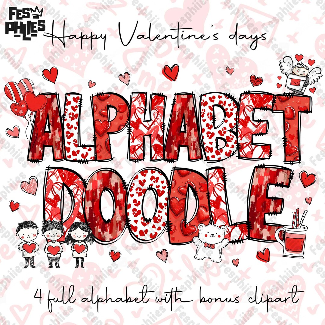 Valentine Alpha Doodle Set Png Bundle, Valentine Heart ABC Alphabet Png ...