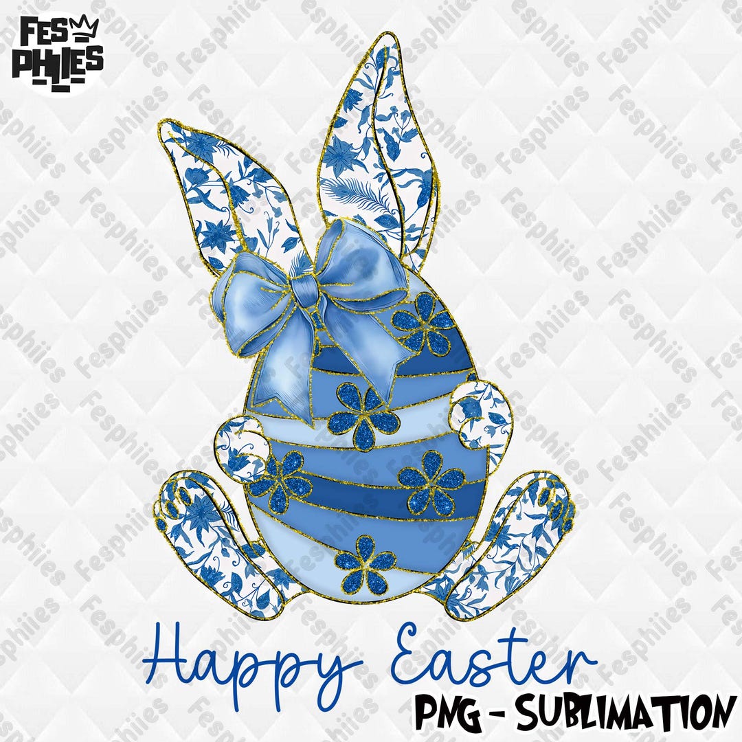 Blue Floral Chinoiserie Bunny Png, Happy Easter PNG, Grand Millennial ...