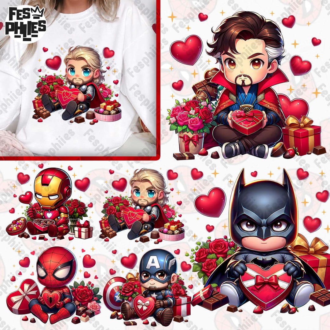 Valentine Cartoon Bundle Png, Bundle Superhero Valentine's Day Png ...