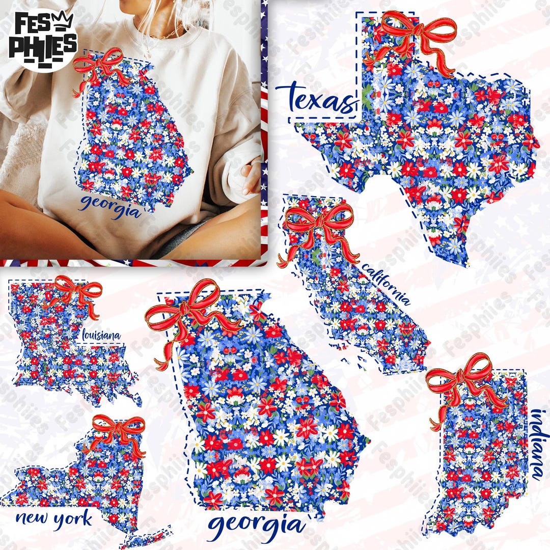 Preppy USA State Map Png Bundle, 4th of July Floral Map Png, Patriotic ...