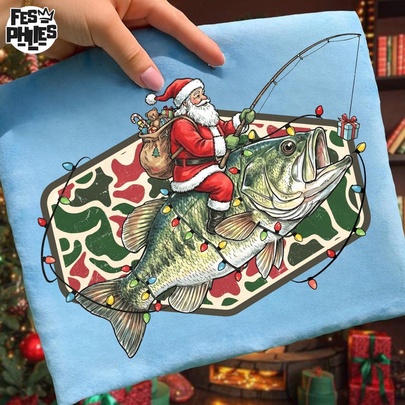 Camo Christmas Fishing PNG, Retro Santa Fisherman, Xmas Fishing Gift ...