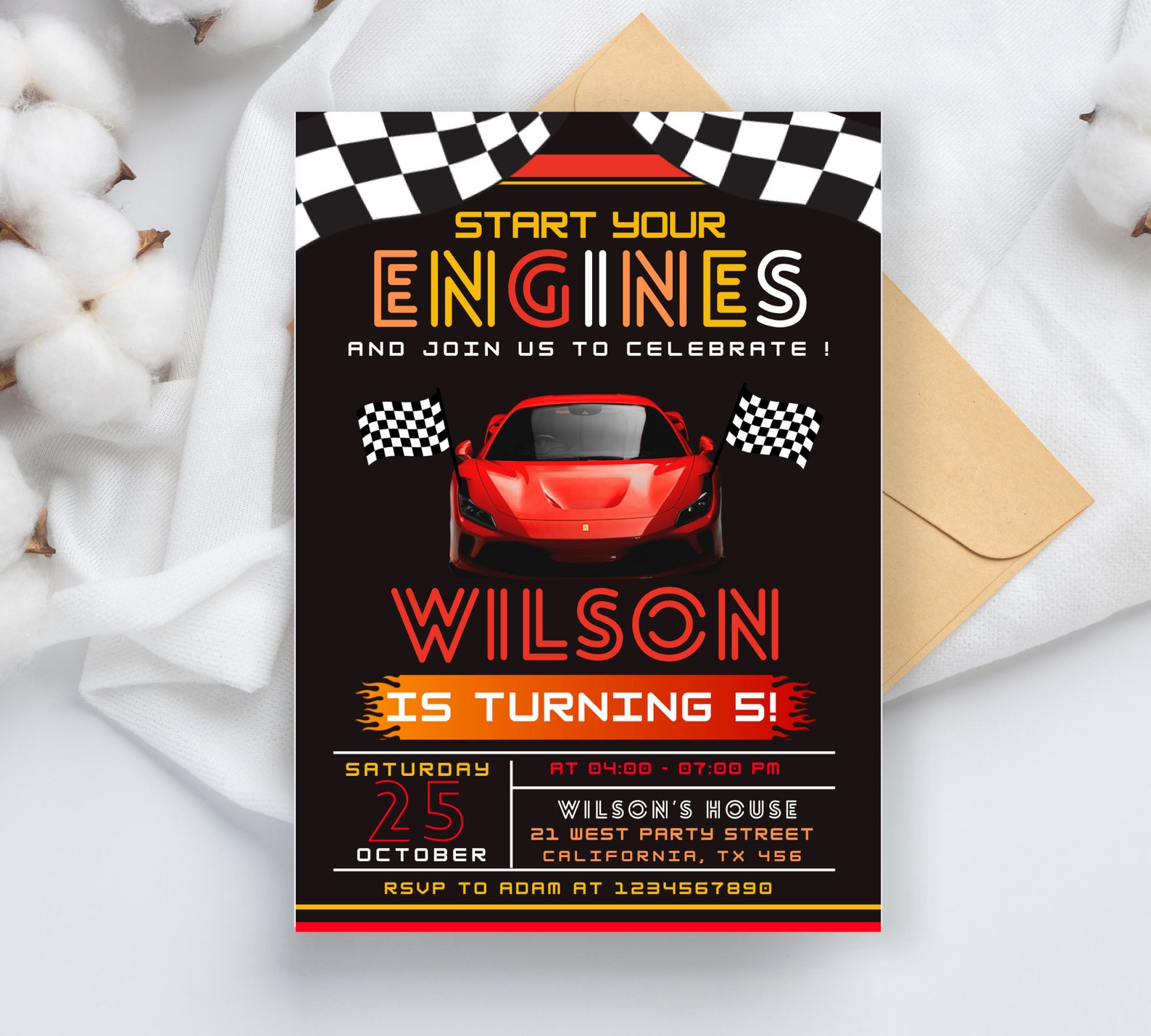 Start Your Engines Race Car Birthday Invitation Fast Track Fun Race Car ...
