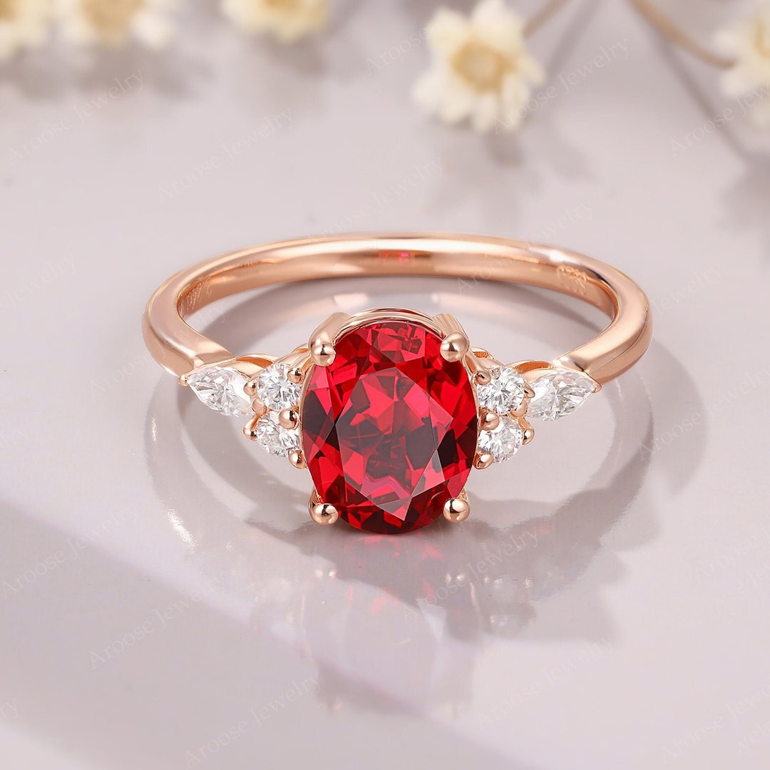 14K Gold Ruby Engagement Ring Rose Gold Cluster Engagement Ring ...