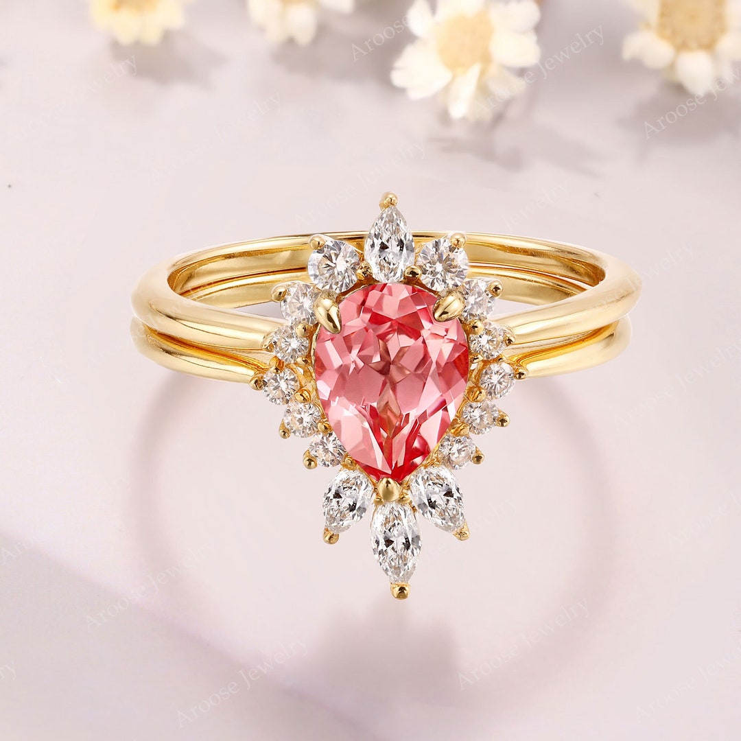 Pear Shaped Pink Papalacha Sapphire Engagement Ring Set Pink Sapphire ...