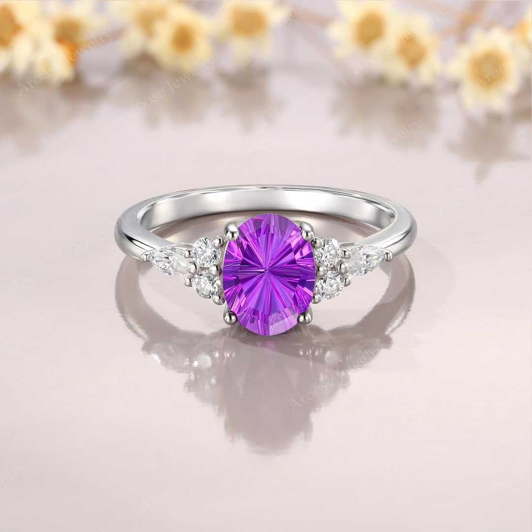 Firework Cut Amethyst Engagement Ring Art Deco 18K Gold Plated Wedding ...