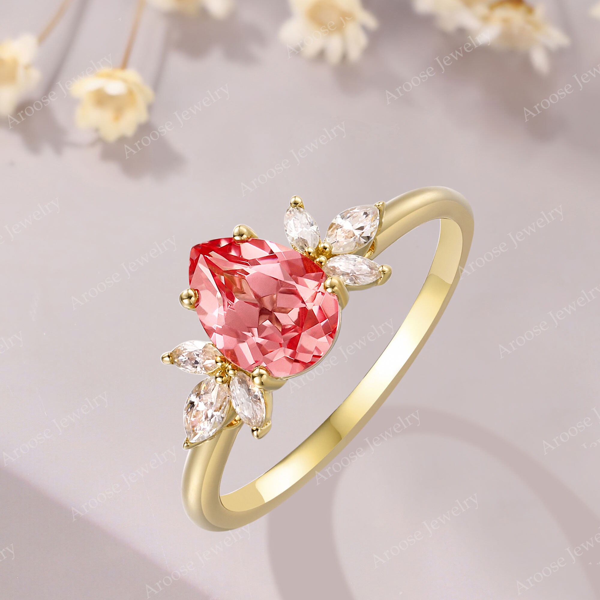 Unique Pear Cut Papalacha Sapphire Engagement Ring Yellow Gold ...