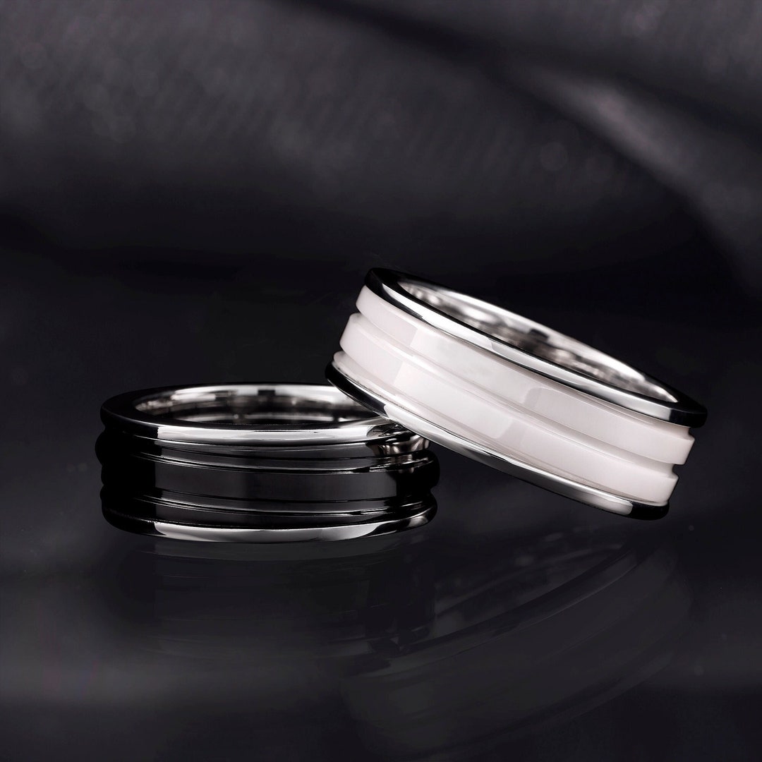 Silver Couple Wedding Ring Wedding Band Silver Ceramic Ring Black ...