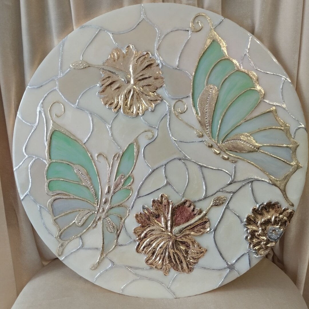 3D Textured Round Painting With Butterflies/ Handmadepainting/ Gypsum ...