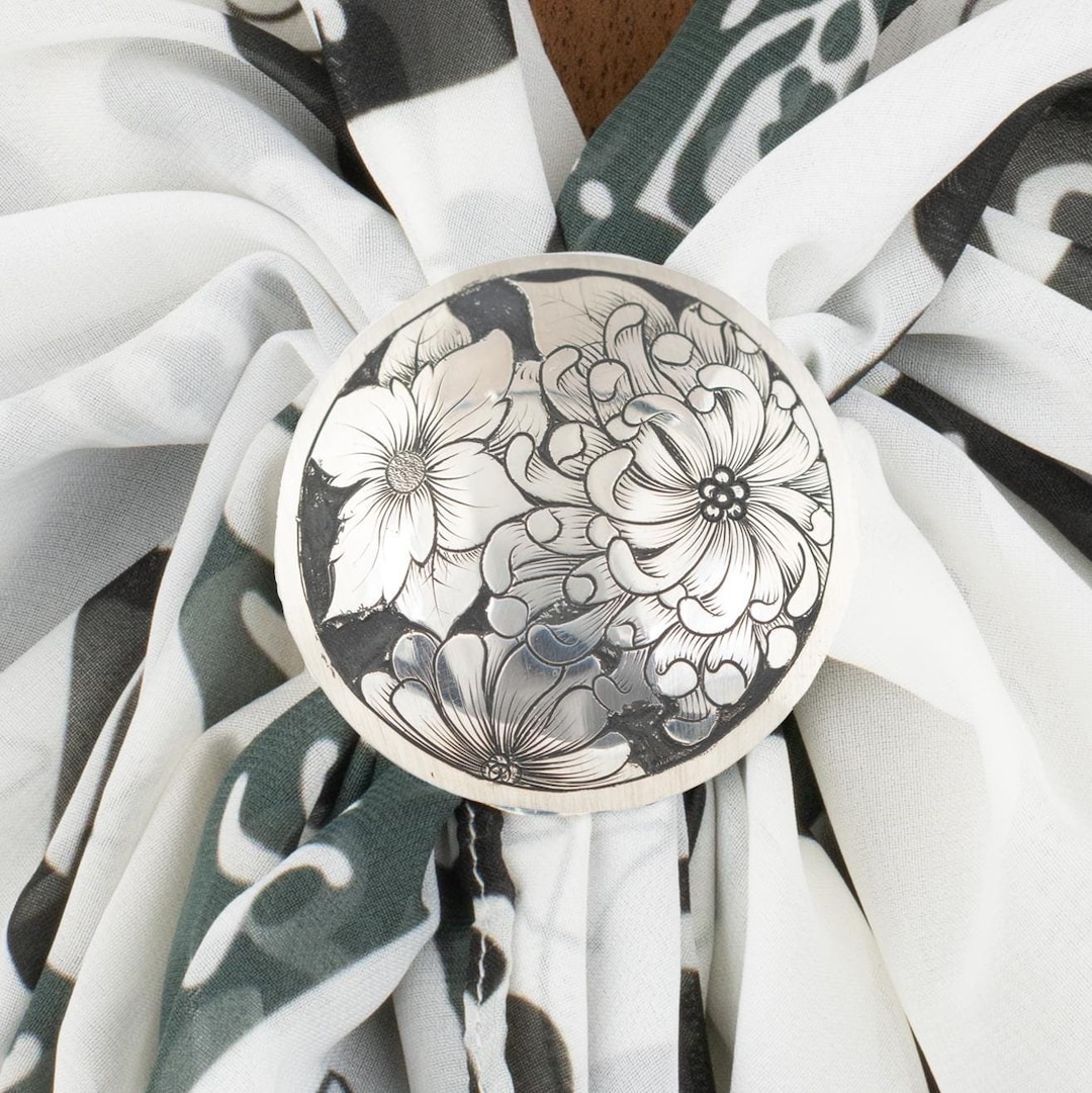 Handmade Sterling Silver Scarf Slide: Engraved Floral Concho, Wild Rag ...