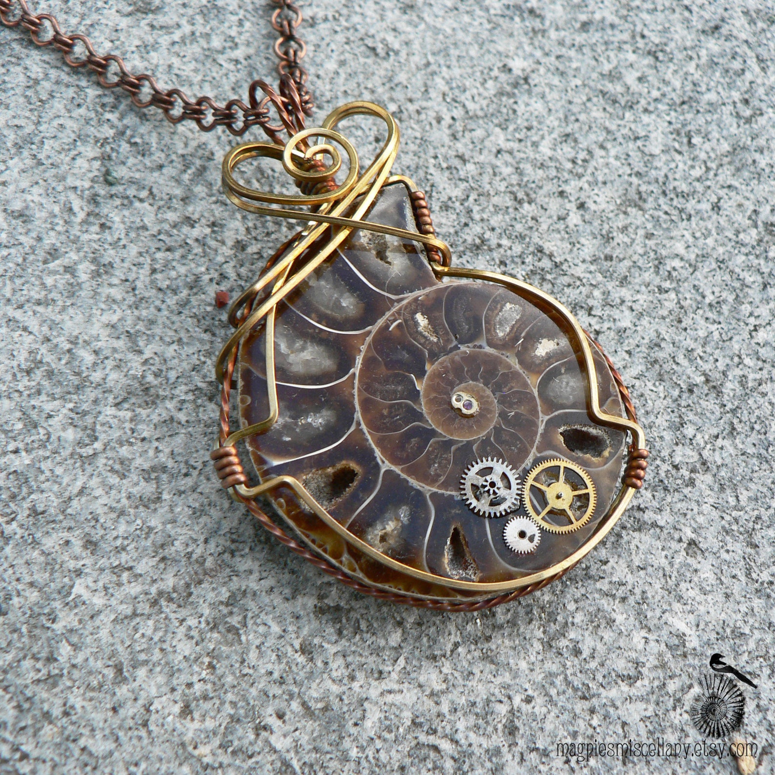 Steampunk Ammonite Wire Wrapped Pendant, Steampunk Jewelry, Ammonite ...