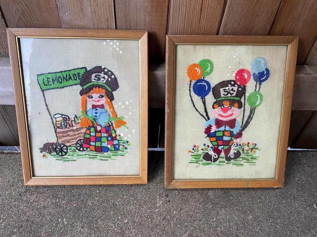 Vintage Neon Patchwork Clown & Girl Wood Framed Needlepoint - Etsy