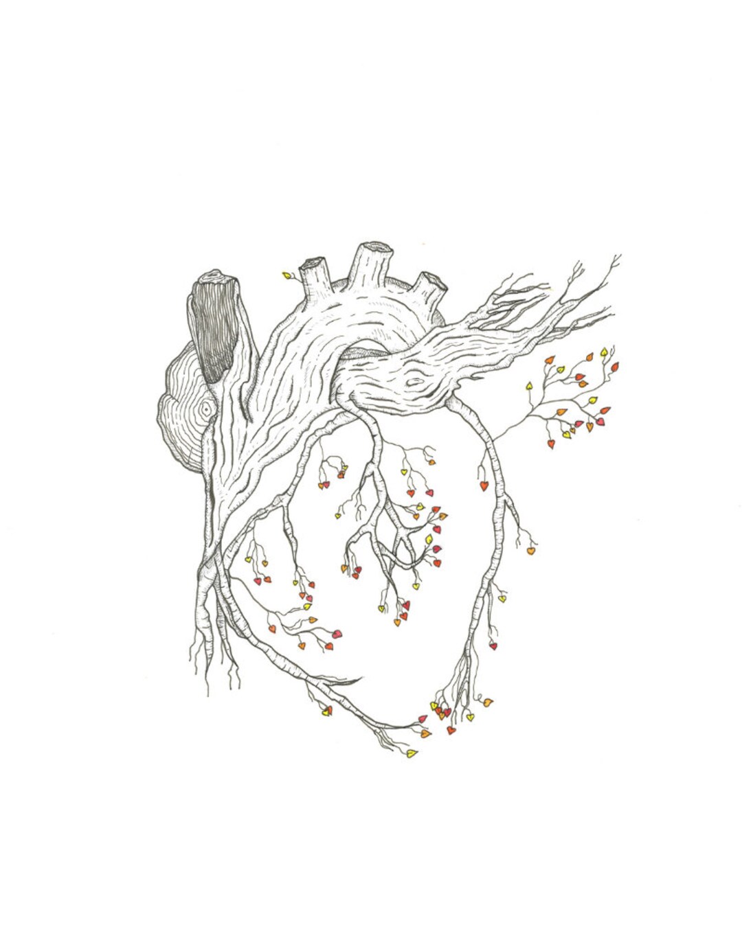 Tree Root Heart Art Print Intricate Black Ink Drawing With Red, Orange ...