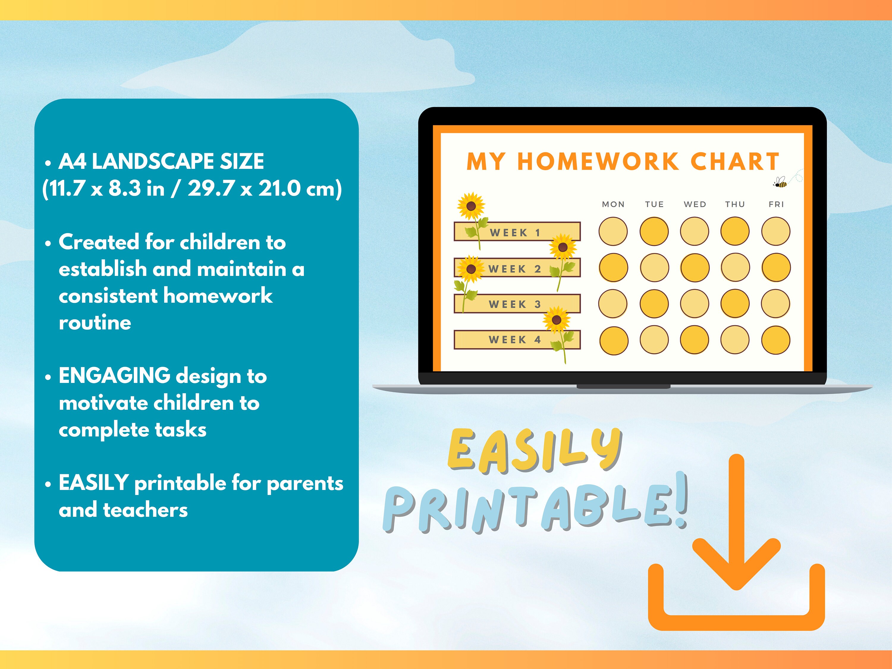 PRINTABLE School Weekly Homework Log, Sunflower Homework Tracker, Kids ...